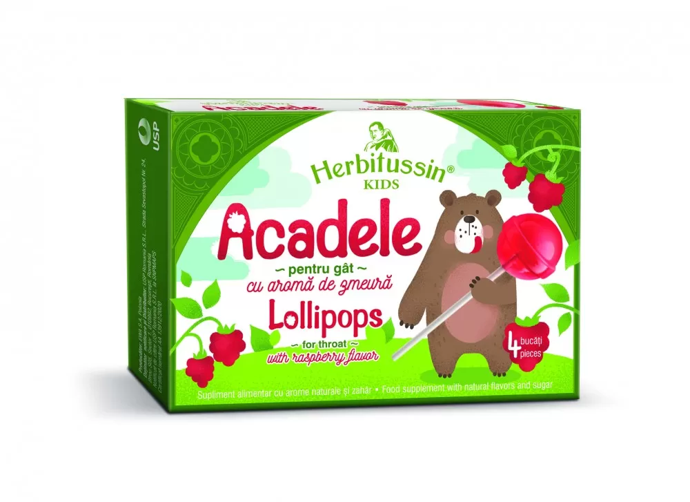 Herbitussin acadele cu aroma de zmeura pentru copii, 4 bucati, USP ...