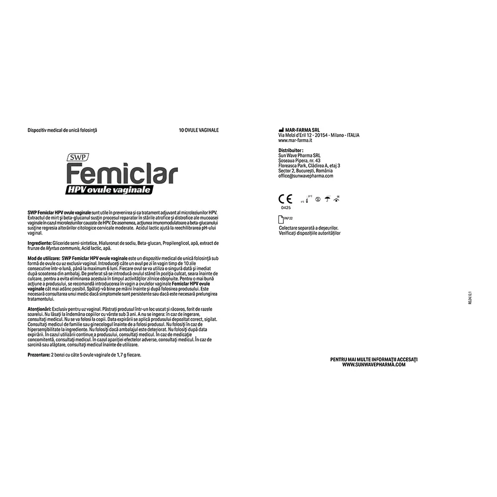 Femiclar HPV, 10 ovule, Sun Wave - Pret Avantajos | Minifarm